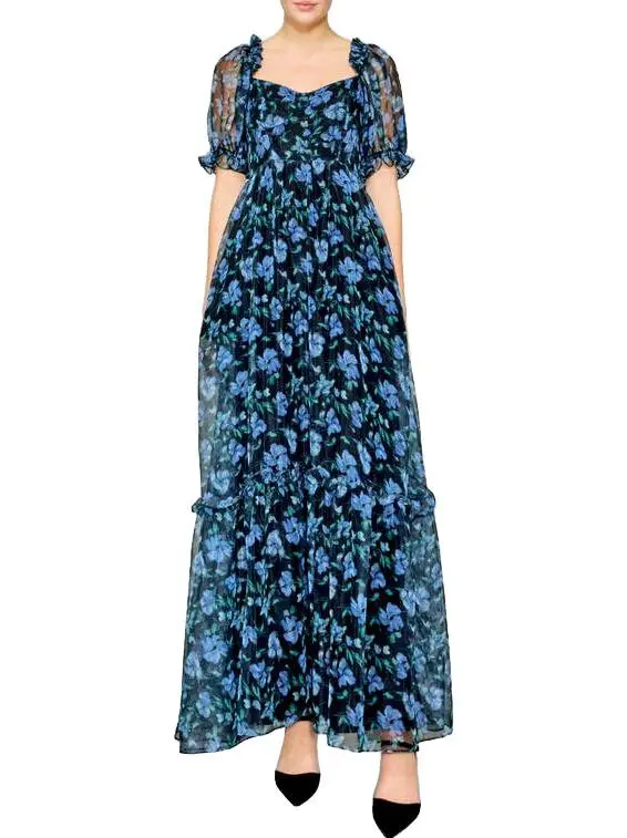 MELLODAY Floral Chiffon Gown - Black Blue Multi