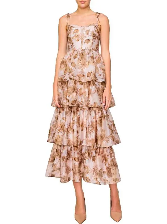 MELLODAY Floral Tiered Corset Cocktail Dress - Taupe Print
