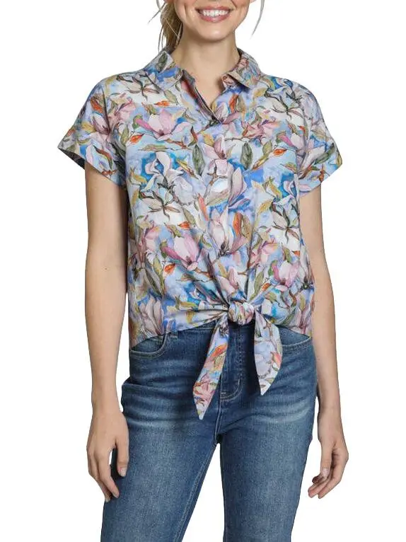 APNY Floral Print Tie Front Cotton Camp Shirt - Blue/ Rose Multi