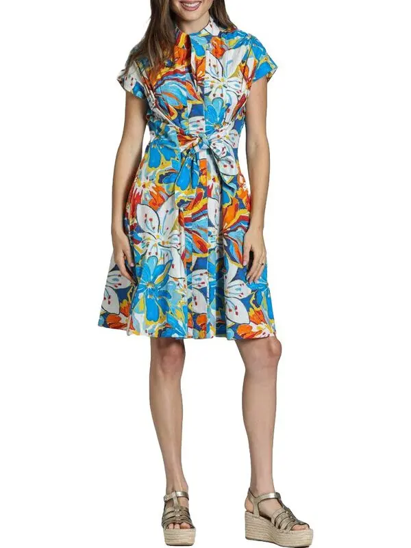 APNY Floral Print Belted A-line Dress - Blue Multi