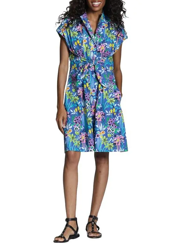 APNY Floral Print Belted A-line Dress - Blue Multi