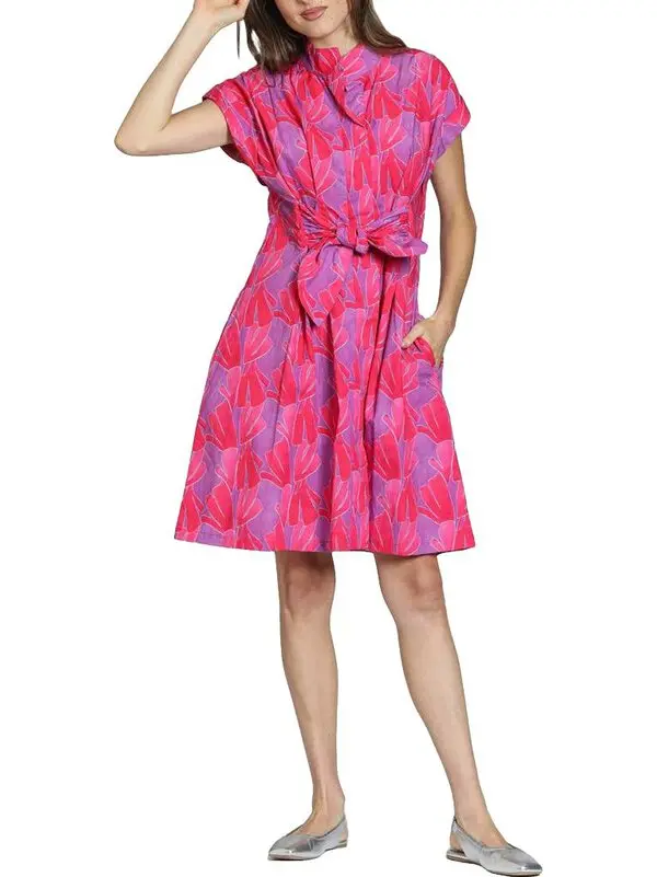 APNY Floral Print Belted A-line Dress - Bright Pink Multi