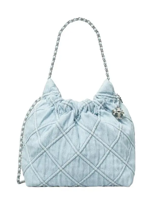 Tory Burch Fleming Quilted Denim Hobo Bag - Seltzer