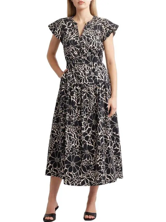 Wit & Wisdom Floral Cotton Blend Midi Dress - Black Off White