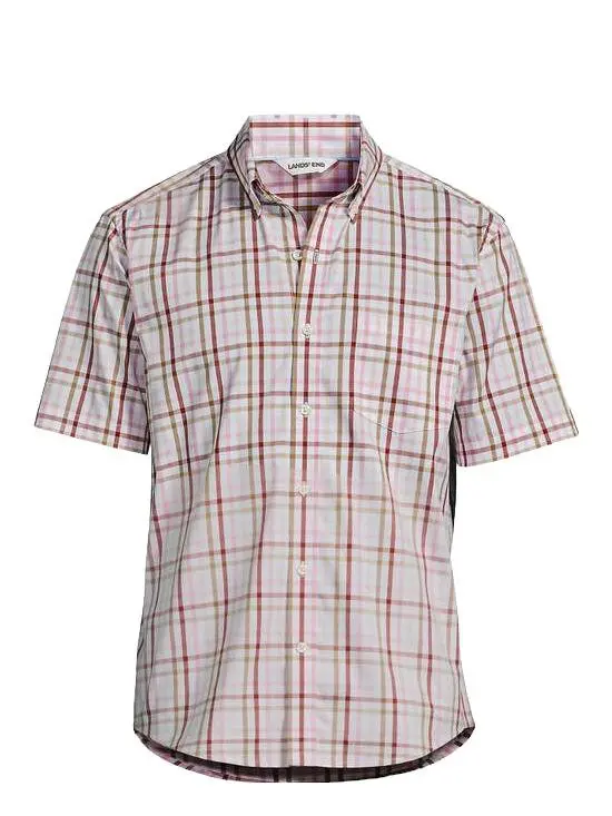 LANDS' END Traditional Fit Short Sleeve Travel Kit Shirt - Desert Tan/pink Tattersall