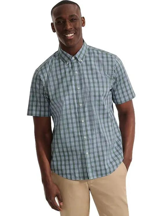 LANDS' END Traditional Fit Short Sleeve Travel Kit Shirt - Eucalyptus/white Plaid