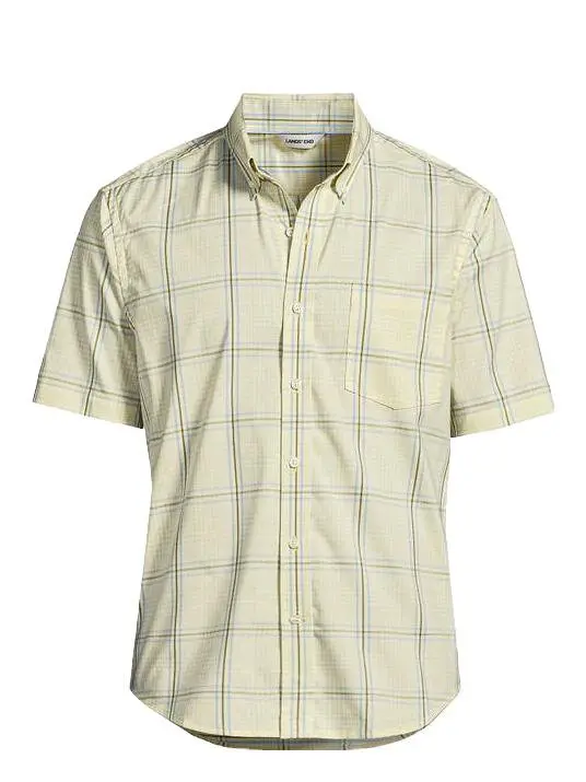 LANDS' END Traditional Fit Short Sleeve Travel Kit Shirt - Pale Yellow/blue Plaid