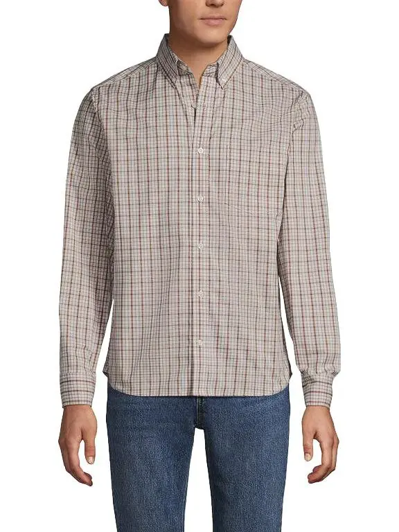 LANDS' END Traditional Fit Long Sleeve Travel Kit Shirt - Canyon Camel/white Plaid