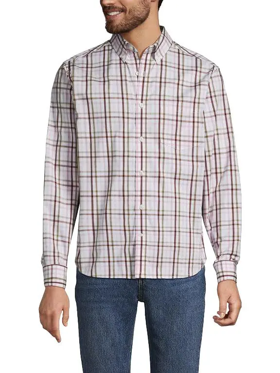 LANDS' END Traditional Fit Long Sleeve Travel Kit Shirt - Desert Tan/pink Tattersall