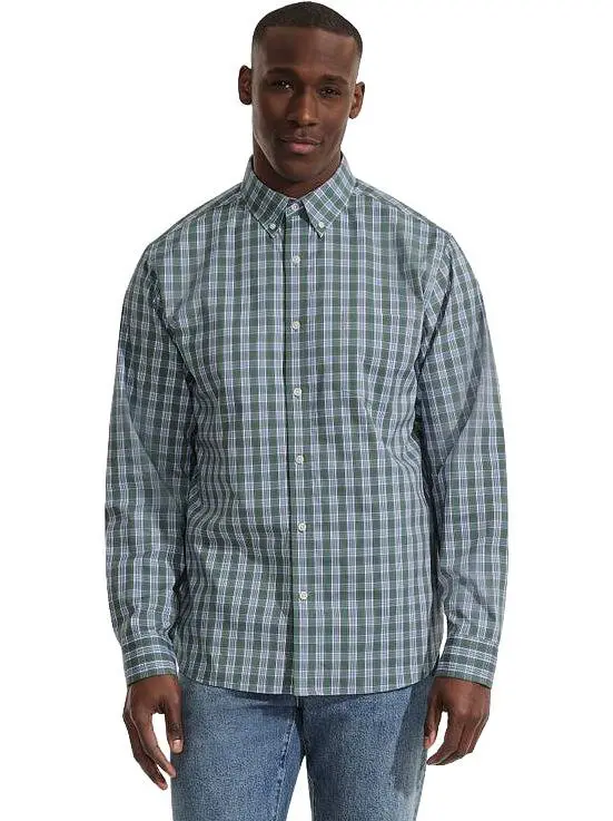 LANDS' END Traditional Fit Long Sleeve Travel Kit Shirt - Eucalyptus/white Plaid