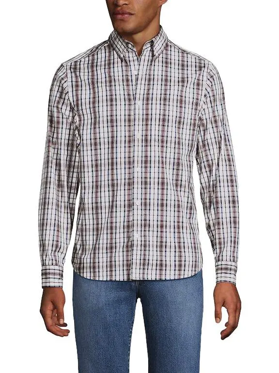 LANDS' END Traditional Fit Long Sleeve Travel Kit Shirt - Ivory/merlot Plaid