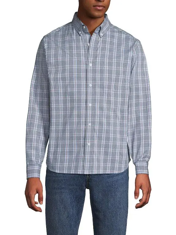 LANDS' END Traditional Fit Long Sleeve Travel Kit Shirt - Light Indigo/pink Plaid