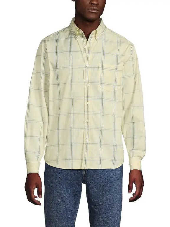 LANDS' END Traditional Fit Long Sleeve Travel Kit Shirt - Pale Yellow/blue Plaid