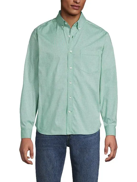 LANDS' END Traditional Fit Long Sleeve Travel Kit Shirt - Simply Green/blue Micro Plaid