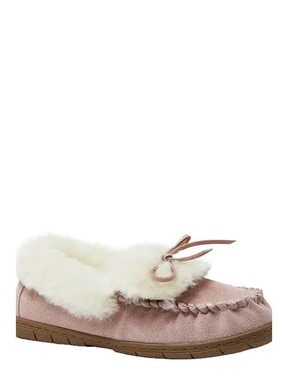 LANDS' END Fluffy Lined Moccasin Slippers - Cameo Rose Suede