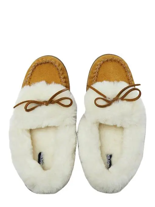 LANDS' END Fluffy Lined Moccasin Slippers - English Tan Suede