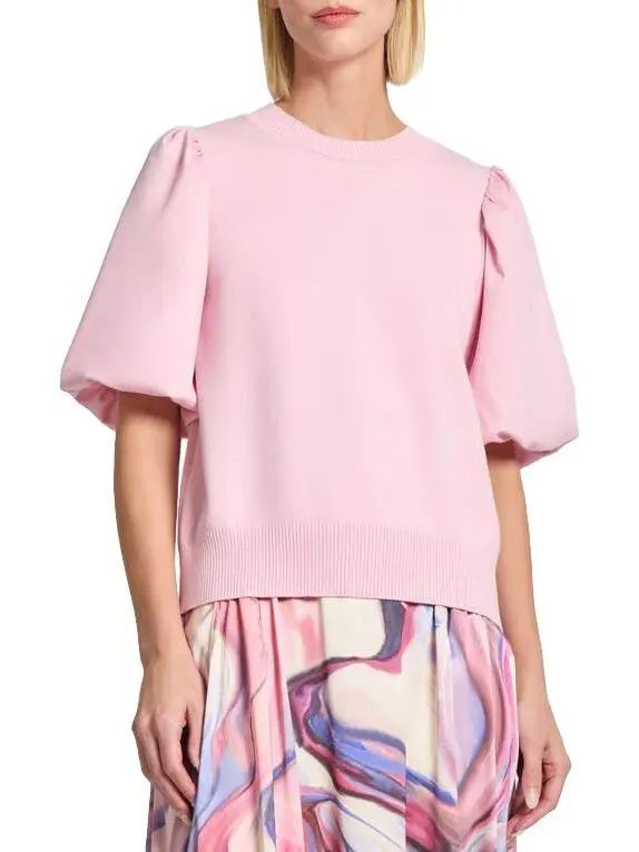 Misook Heritage Fit Mixed Media Puff Sleeve Top - Soft Blush