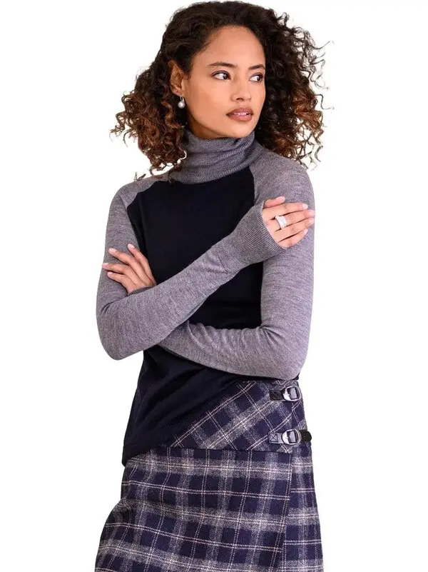 CELTIC & CO. Merino Color Block Roll Neck Sweater - Navy / Grey