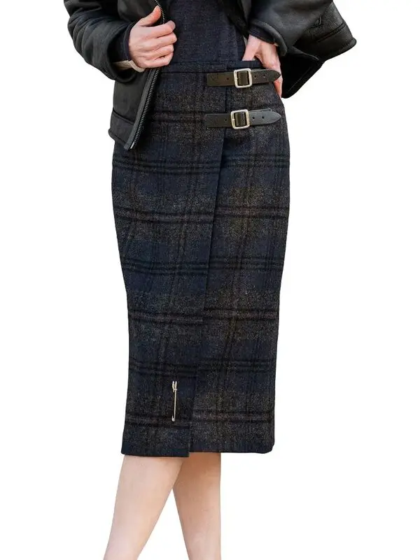 CELTIC & CO. Plaid Midi Kilt Skirt - Navy Charcoal Tartan