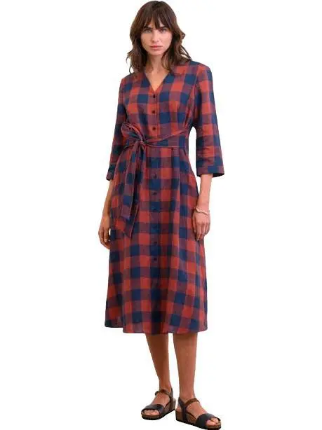 CELTIC & CO. Check Tie Front Midi Shirt Dress - Rust / Navy Check