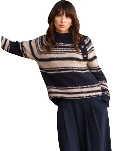 CELTIC & CO. Pure Wool Striped Button Neck Sweater - Dark Navy / Oatmeal