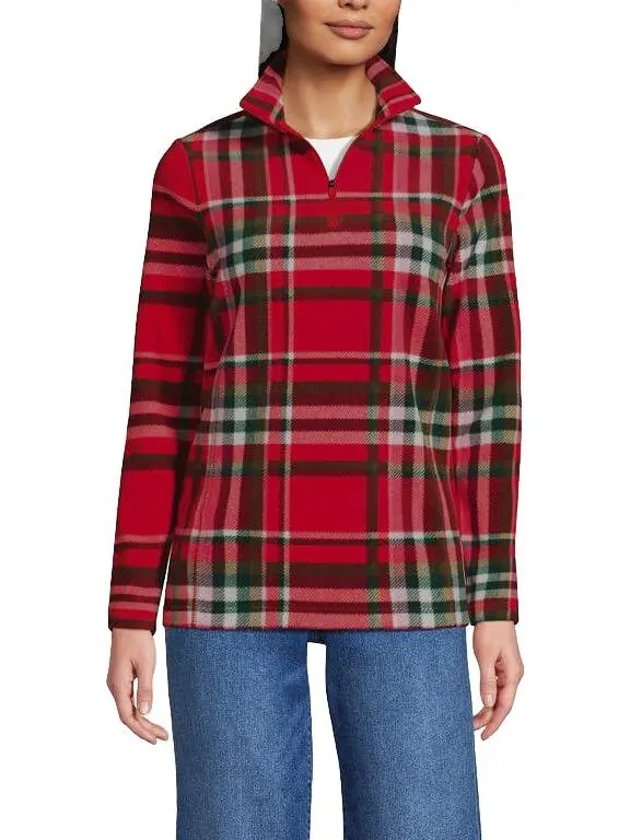 LANDS' END Anyweather Fleece Quarter-zip Pullover - Compass Red Holiday Plaid