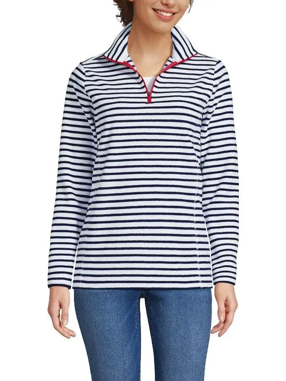LANDS' END Fleece Quarter-zip Pullover - Crisp White/navy Stripe/red