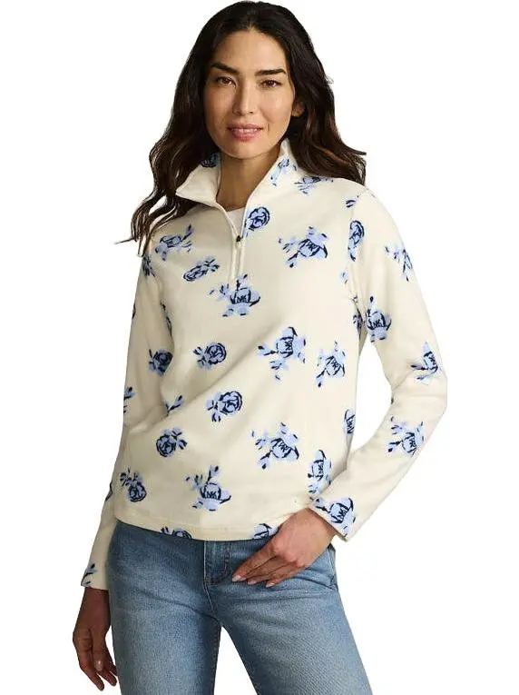 LANDS' END Fleece Quarter-zip Pullover - Ivory/clear Blue Tossed Floral