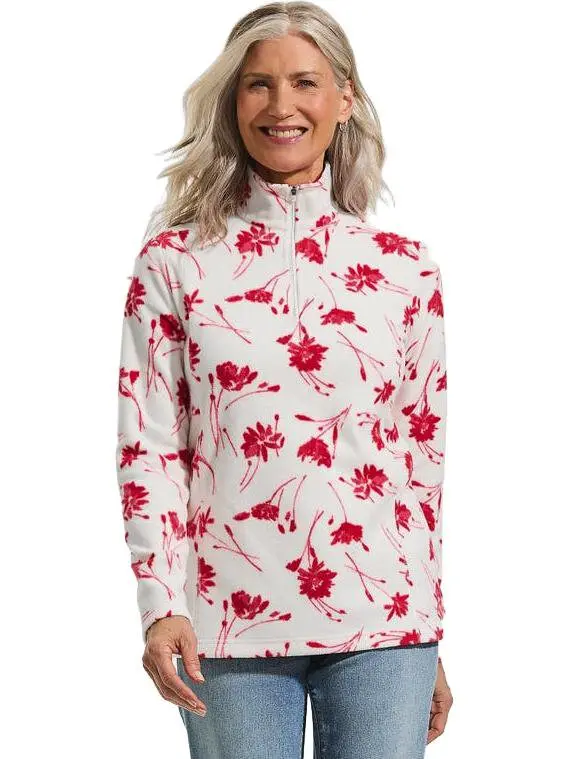 LANDS' END Fleece Quarter-zip Pullover - Ivory/red Tossed Floral