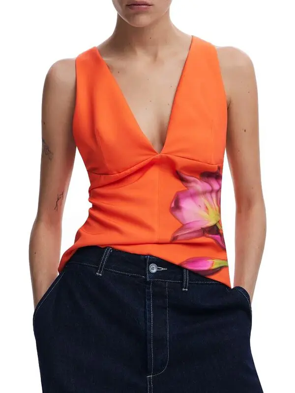 Desigual Floral Deep V-neck Tank - Orange