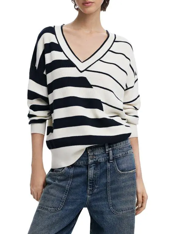 Desigual Variegated Stripe V-neck Sweater - White