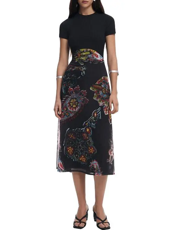 Desigual Mixed Media Midi Dress - Black