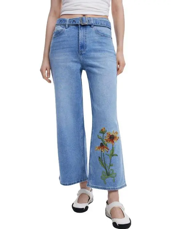 Desigual Floral Embroidered Wide Leg Jeans - Medium Blue