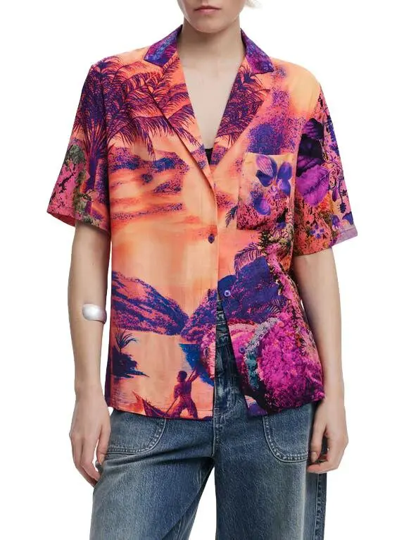 Desigual Tropical Print Camp Shirt - Dark Pink