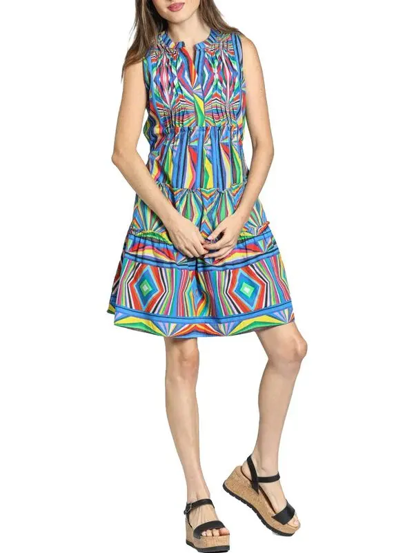 APNY Pintuck Sleeveless Cotton Dress - Bright Blue Multi