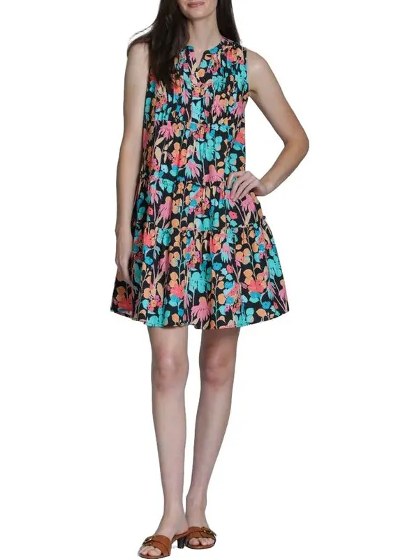 APNY Pintuck Sleeveless Cotton Dress - Pink Turquoise Multi