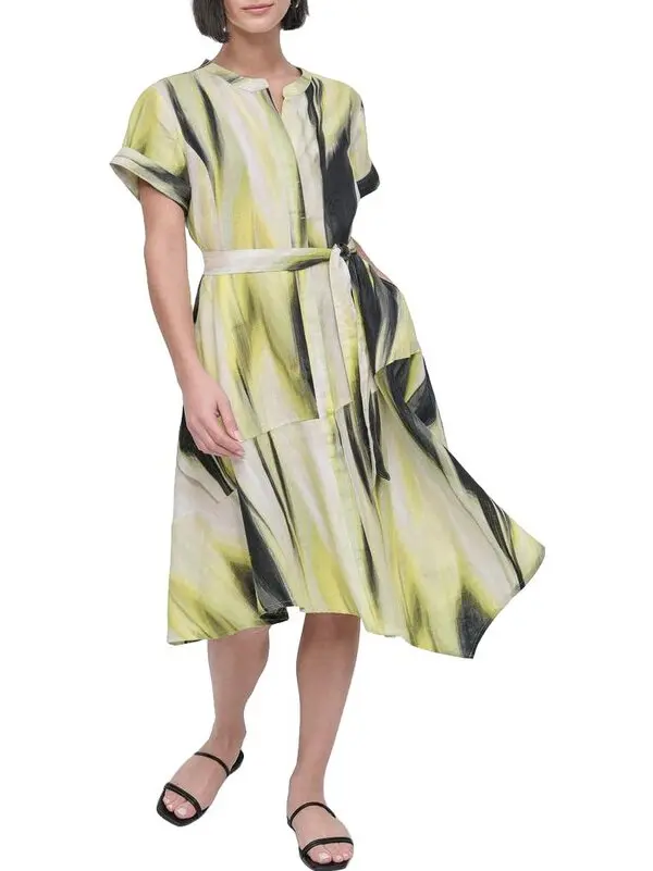 Dkny Print Tie Waist Linen Midi Dress - Linen Mult