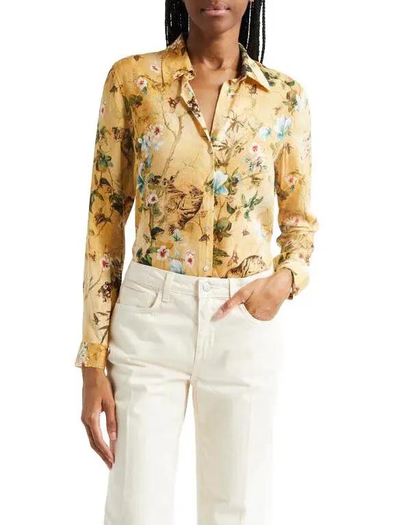L'Agence Holly Floral Shirt - Gold Multi Watercolor Tiger