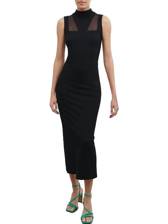 MARCELLA Amelia Ponte & Mesh Funnel Neck Midi Dress - Black