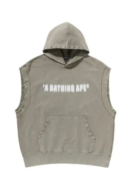 BAPE Studded Garment Dye Logo Sleeveless Pullover Hoodie - Olivedrab Green