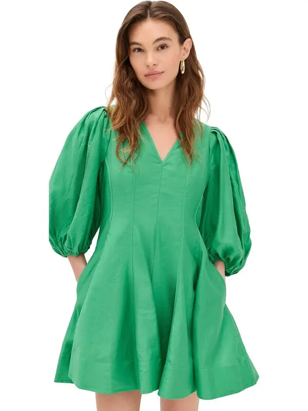 English Factory Puff Sleeve Flare Mini Dress - Green