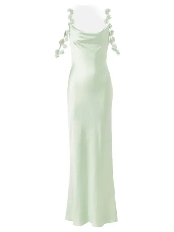 SELF-PORTRAIT Floral-appliqué Satin Gown - Green