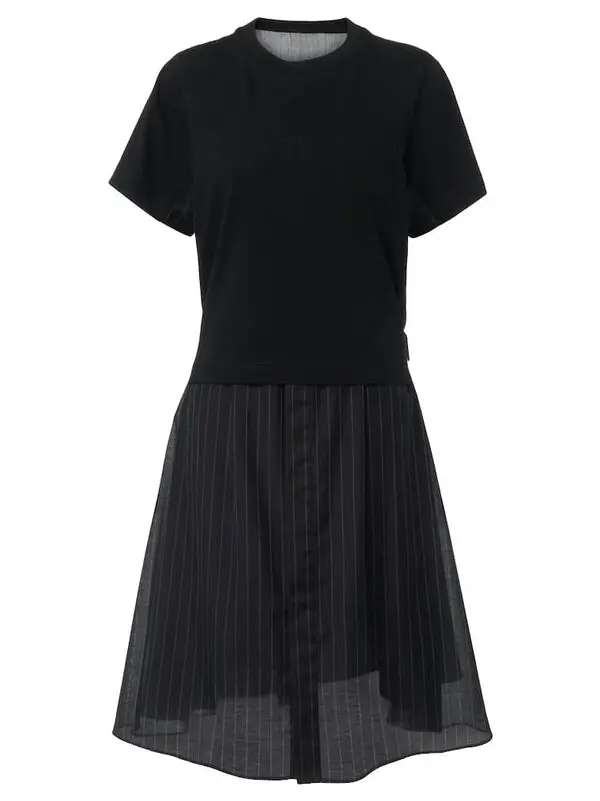 Sacai Cotton Jersey And Organza Mini Dress - Black