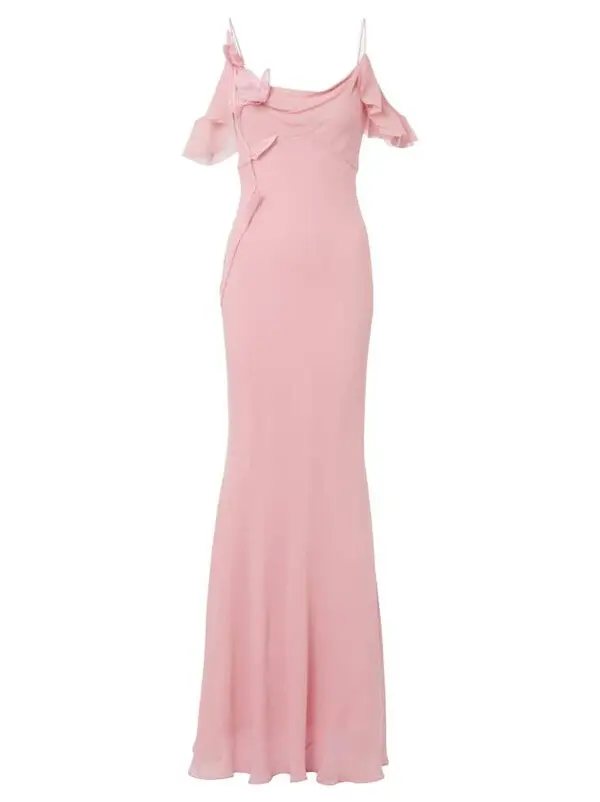 SELF-PORTRAIT Floral-appliqué Georgette Gown - Pink