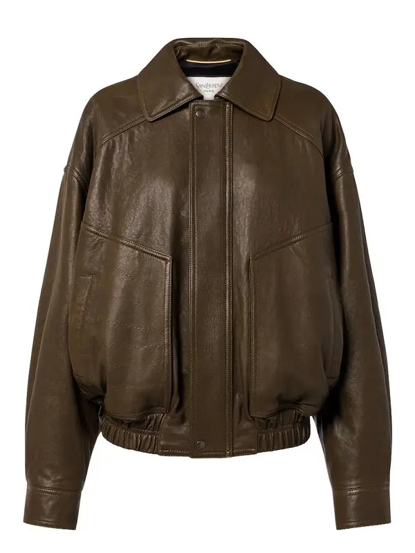 Saint Laurent Leather Bomber Jacket - Green
