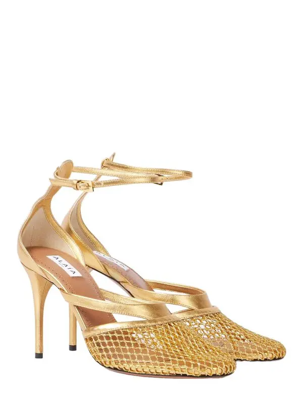 Alaïa Infradito Fishnet 90 Leather Pumps - Gold