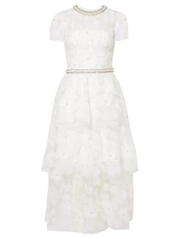 SELF-PORTRAIT Bridal Beaded Tulle Midi Dress - White