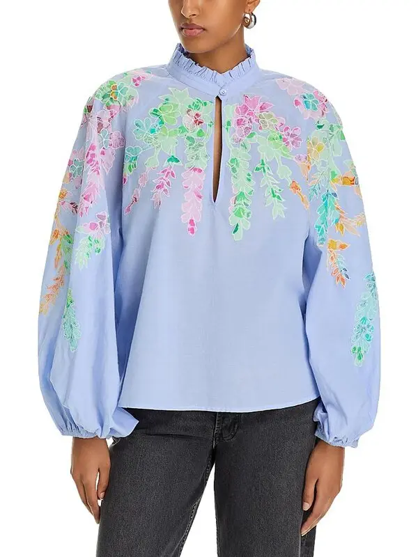 Essentiel Antwerp Printed Mandarin Collar Blouse - Aqua Blue
