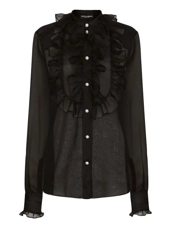 Dolce & Gabbana Silk Organza Ruffle Shirt - Black