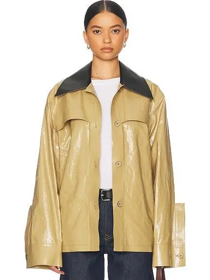 JIL SANDER Coated Linen Sport Jacket With Leather Collar - Cereal